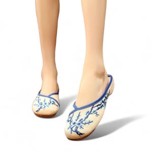 White & Red Embroidered Slippers With Sakura Plum Blossom Design ...