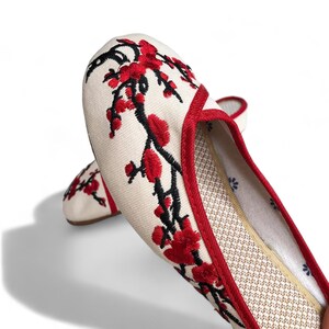 White & Red Embroidered Slippers With Sakura Plum Blossom Design ...