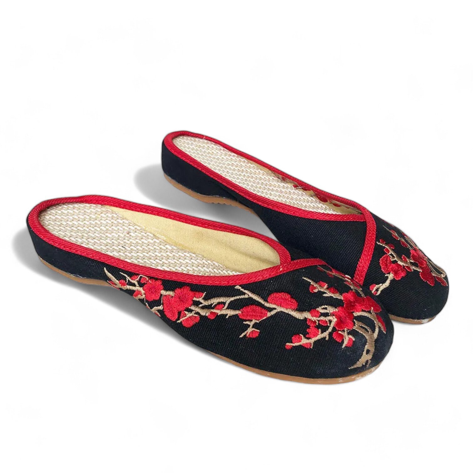 White & Red Embroidered Slippers With Sakura Plum Blossom Design Womens ...