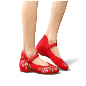 Red Roses Embroidered Ballet Flats | Red Slip-on Shoes | Red Women's ...