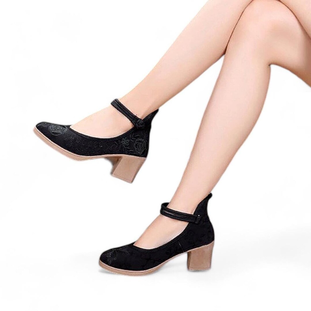 Black Womens Ankle Strap Block Heels | Hand Embroidered Roses Chunky ...