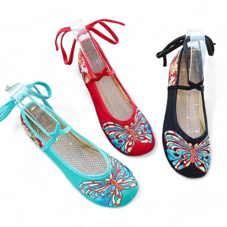 Red Ballet Flats With Colorful Embroidered Butterfly Lace up Ankle ...