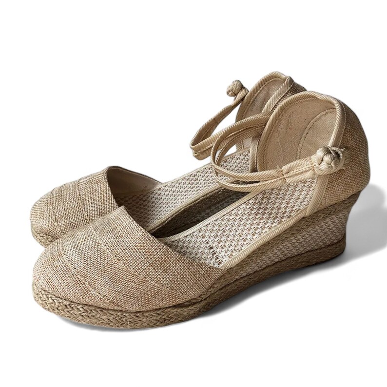 Beige Patchwork Espadrilles Wedge Sandals Handmade Sustainable Vegan ...