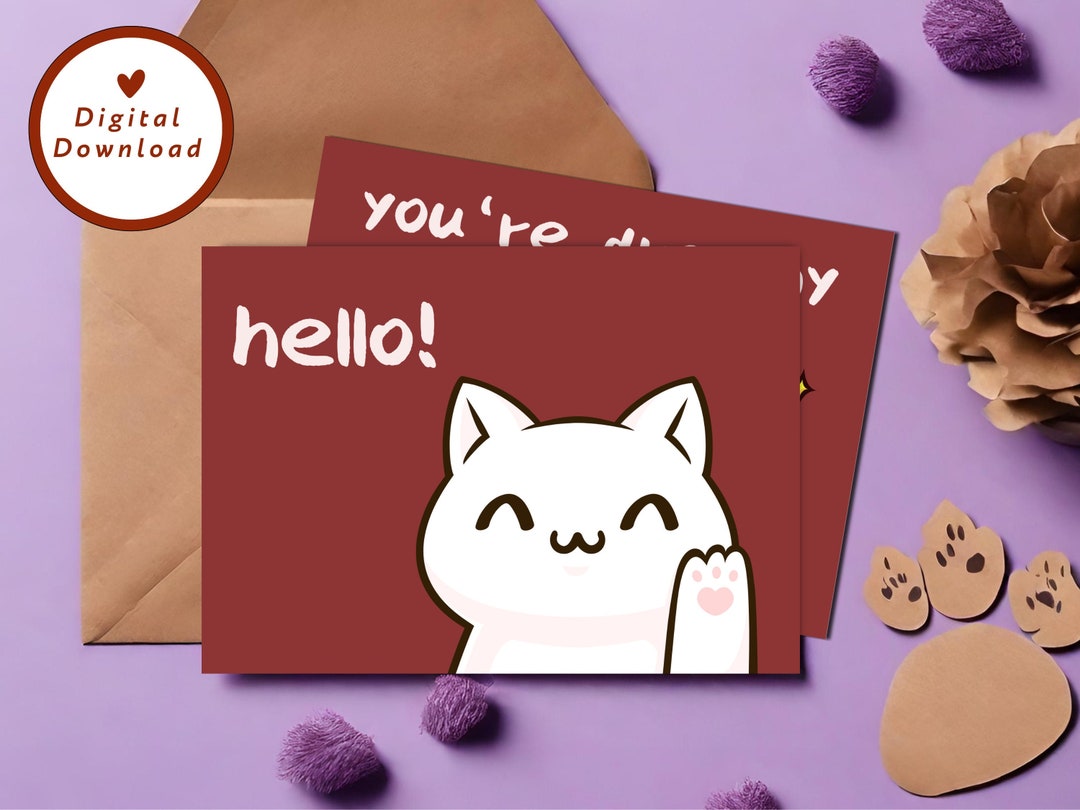 Printable Red Cat Cards, 5 Pack of Cat Greeting Cards, Anime Cat, Funny ...