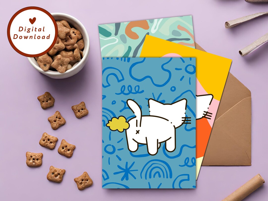 Printable Farting Cat Cards, 6 Pack of Cat Greeting Cards, Blank ...