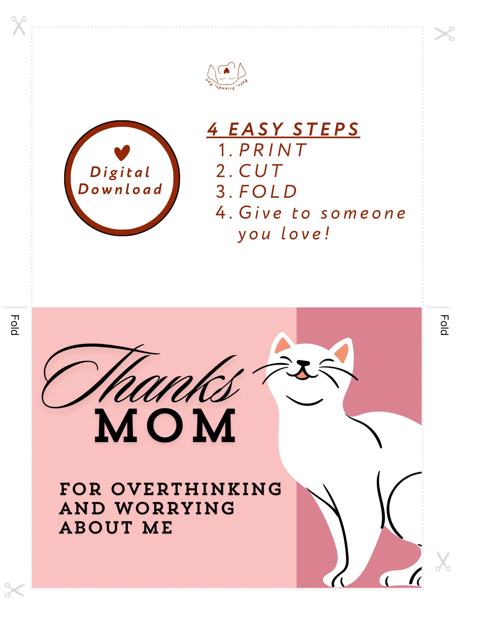 Printable Cat Mother's Day Card, Thanks Mom Card, Overthinking Cat Mom ...