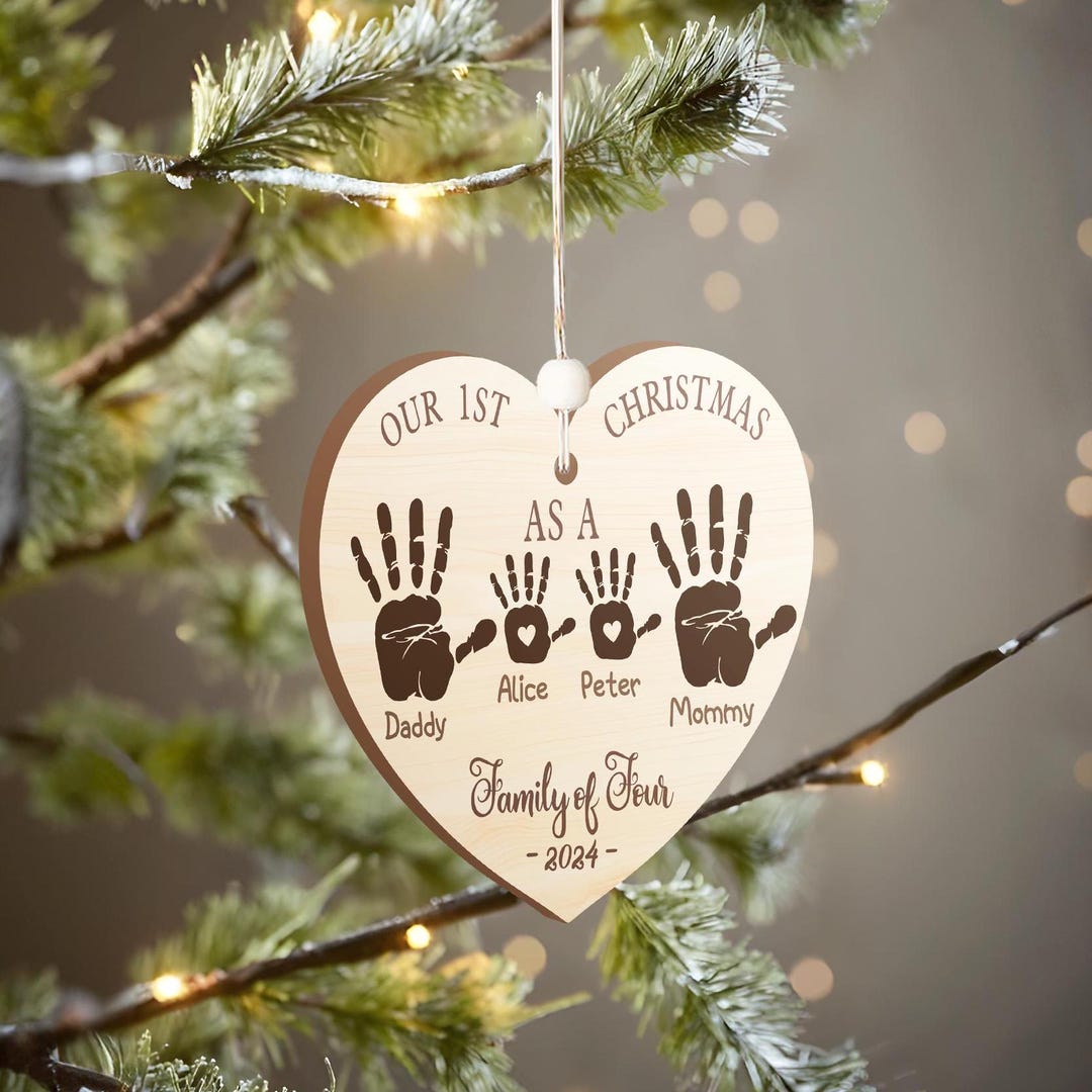 First Christmas as A Family of Four Handprints, Custom Shaped Wooden ...