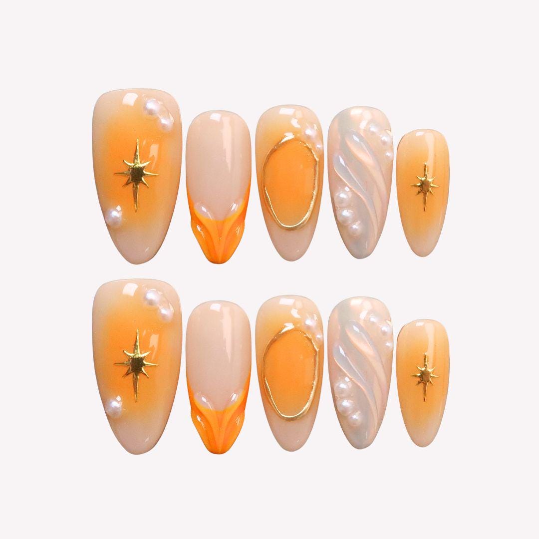 Aperol Spritz Press on Nails, Orange Ombre, 3D Pearl Swirls, Gold Star ...
