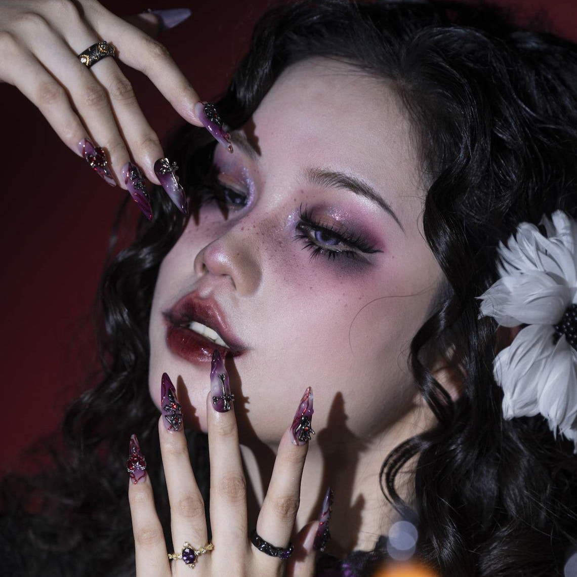 Witches Curse 3D Press-on Nails Set, Gothic Cross & Hand Design, Red ...