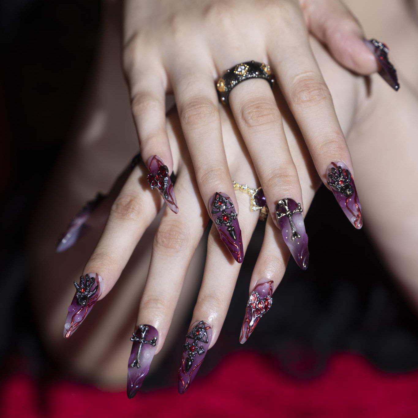 Witches Curse 3D Press-on Nails Set, Gothic Cross & Hand Design, Red ...