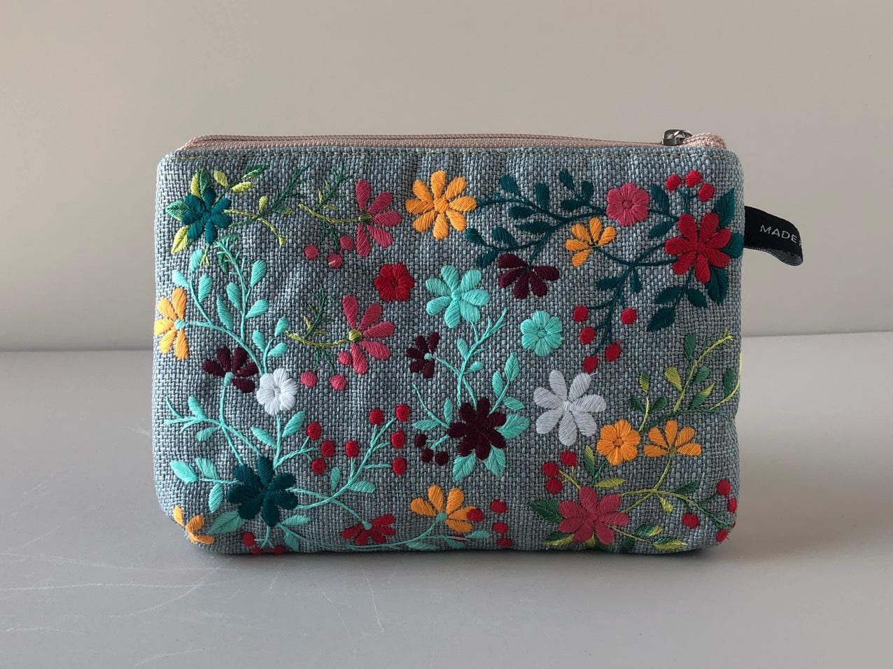 Cyan Embroidered Floral Brocade Wallet, Handmade Wild Flower Makeup ...