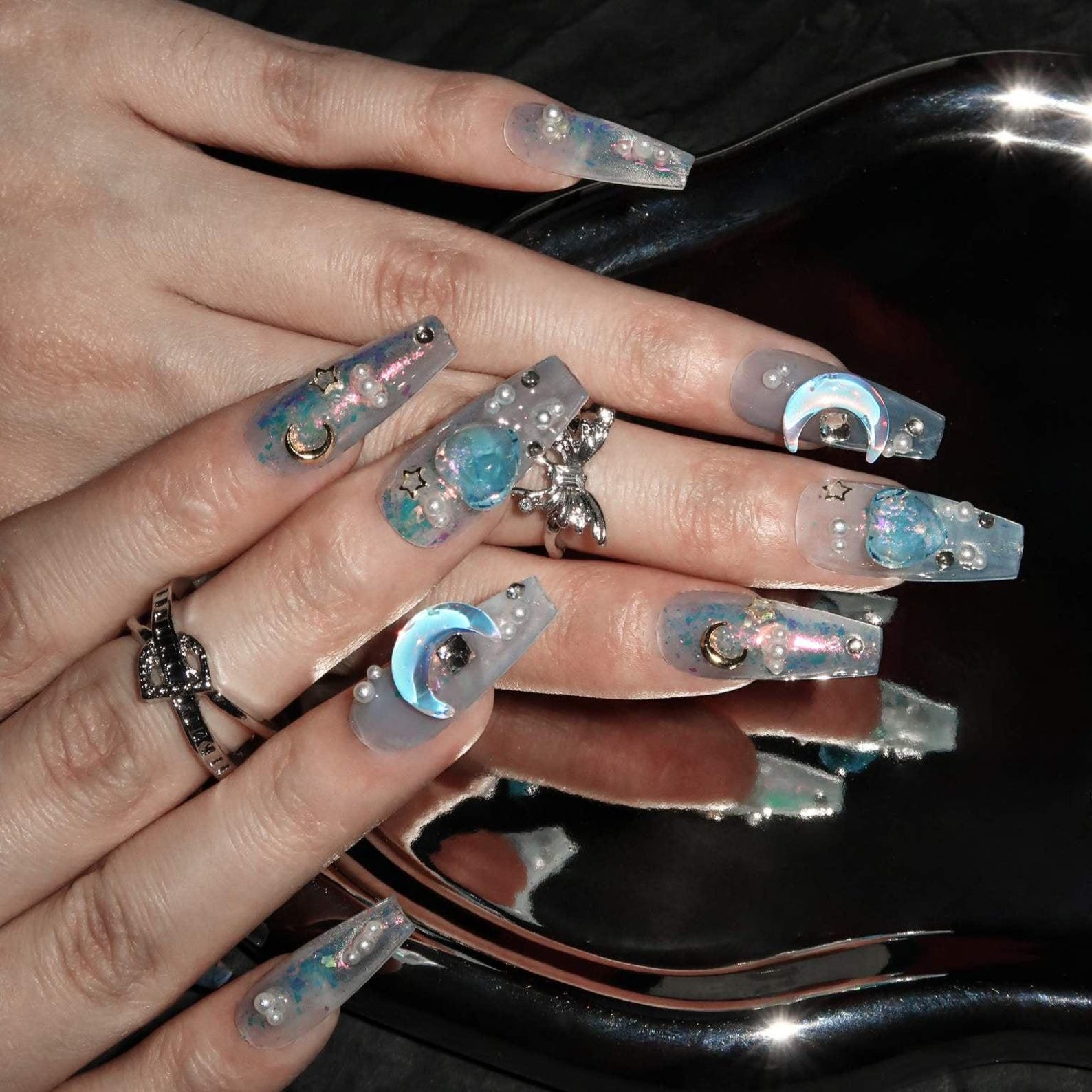 Blue Galaxy Press on Nails, 3D Moon Star Heart Design, Kawaii Celestial ...