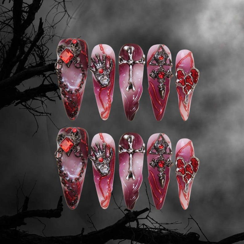 Witches Curse 3D Press-on Nails Set, Gothic Cross & Hand Design, Red ...