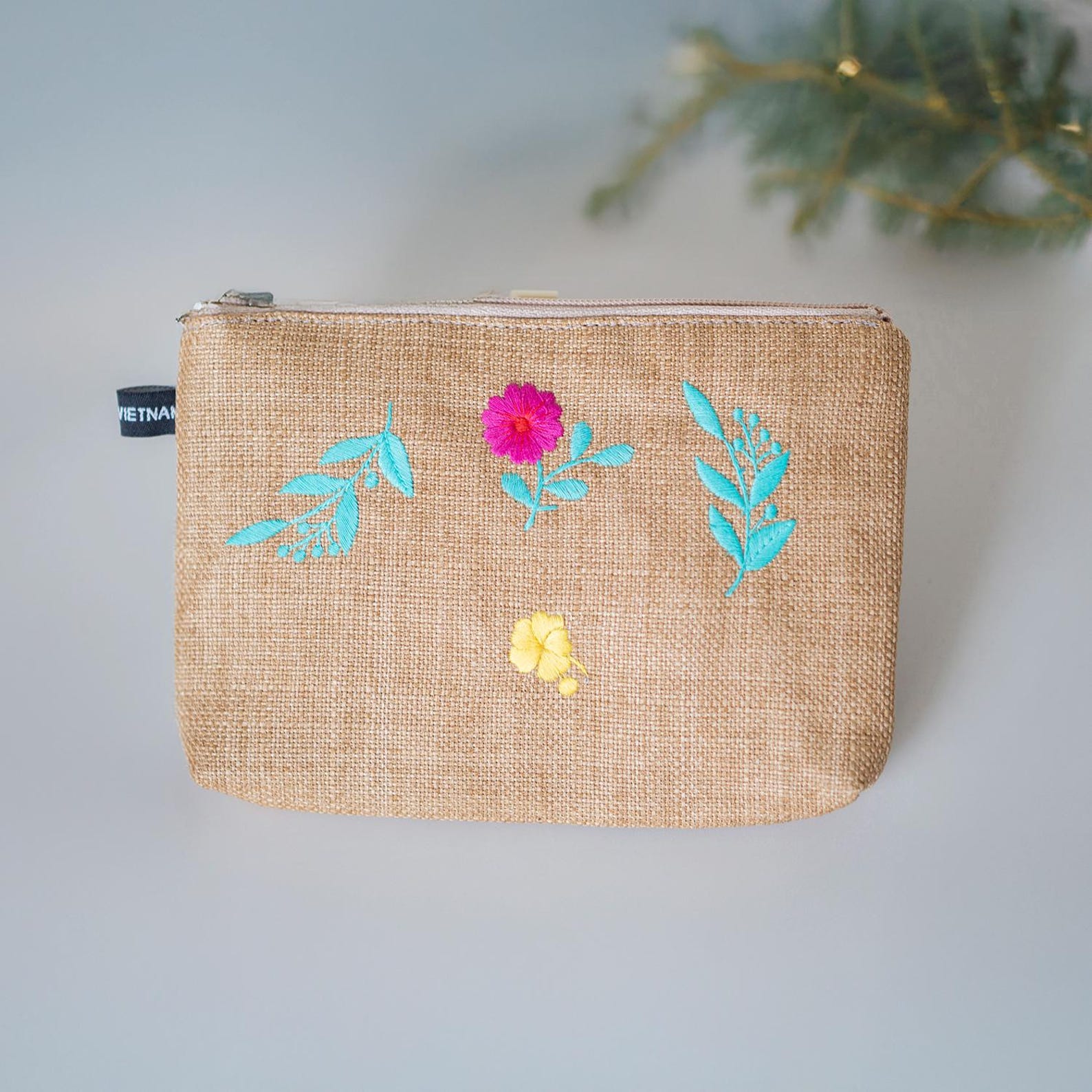 Colorful Floral Embroidered Jute Wallet, Boho Zipper Pouch, Rustic Coin ...