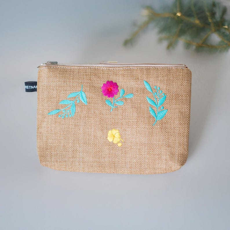 Colorful Floral Embroidered Jute Wallet, Boho Zipper Pouch, Rustic Coin ...
