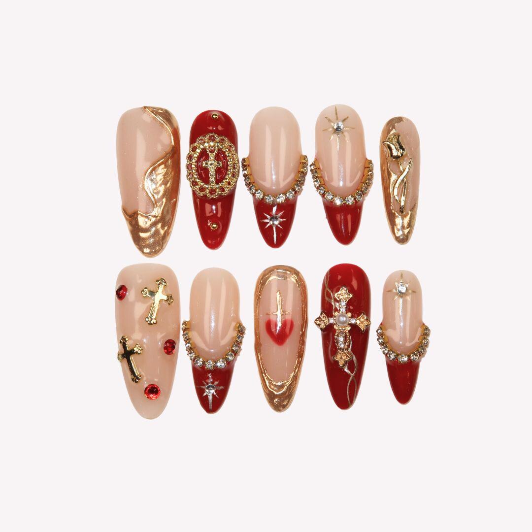 La Reine Red Gold Press on Nails, 3D Cross Heart Sword Design, Royal ...
