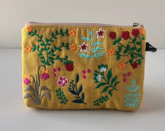 Cyan Embroidered Floral Brocade Wallet, Handmade Wild Flower Makeup ...