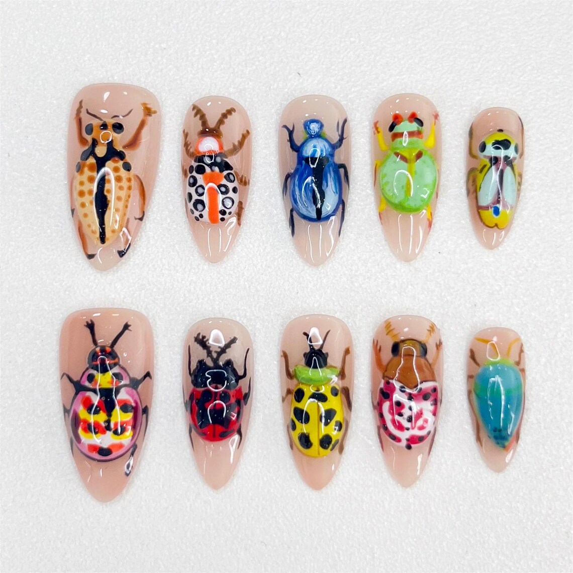 Colorful Bug Press on Nails, Handmade Insect Nail Art With Beetles ...