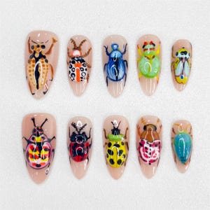 Colorful Bug Press on Nails, Handmade Insect Nail Art With Beetles ...