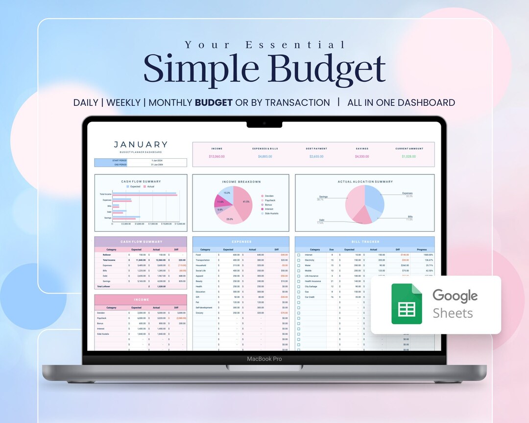 Google Sheet Simple Budget Planner Monthly Spreadsheet Bills Tracker ...
