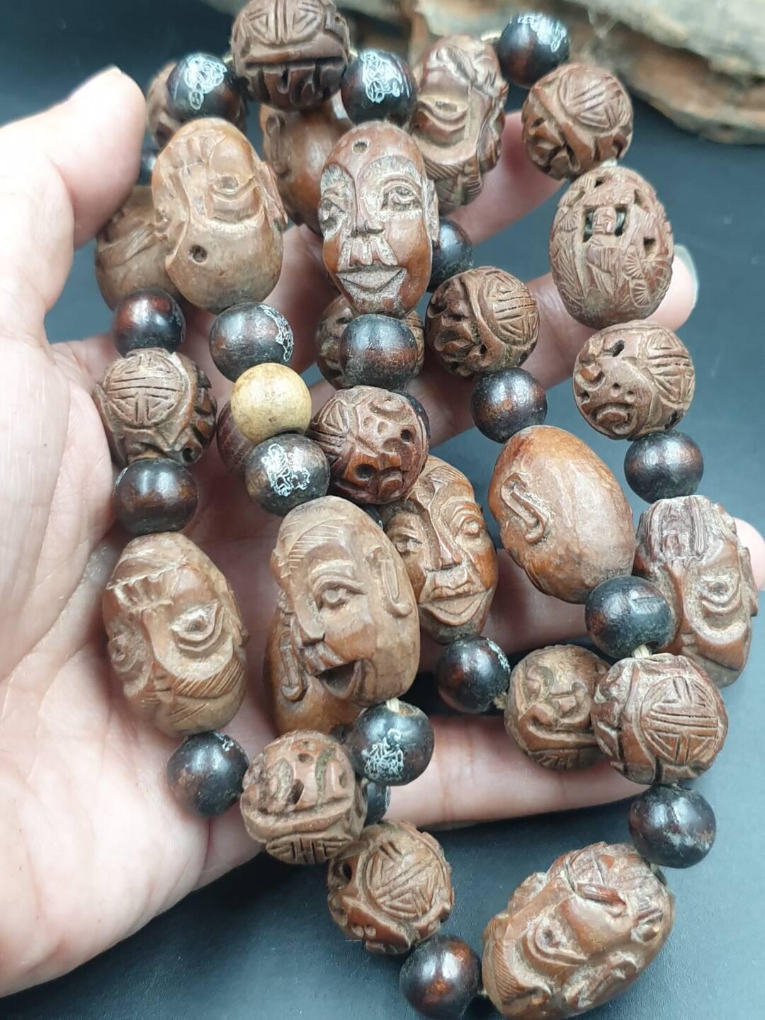 Vintage Wood Carved Chinese Carved Olive Nut Beads Buddha Beads Prayer ...