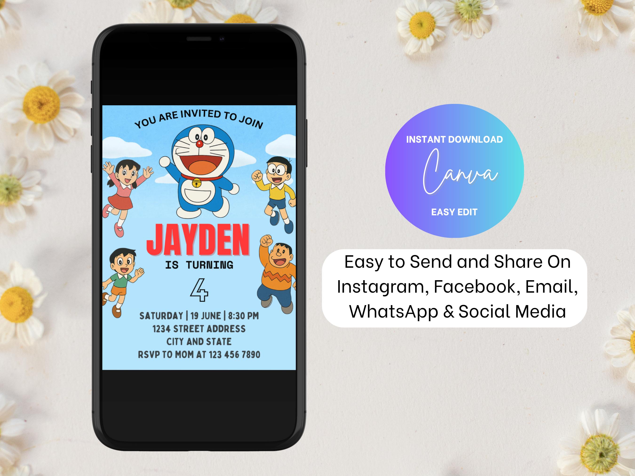 Editable Doraemon Birthday Party Invitation, Digital Printable Doraemon ...