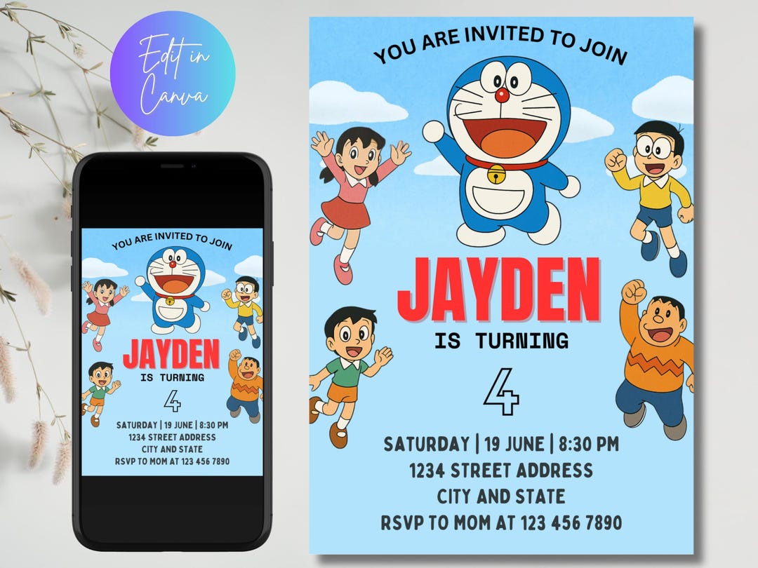 Editable Doraemon Birthday Party Invitation, Digital Printable Doraemon ...