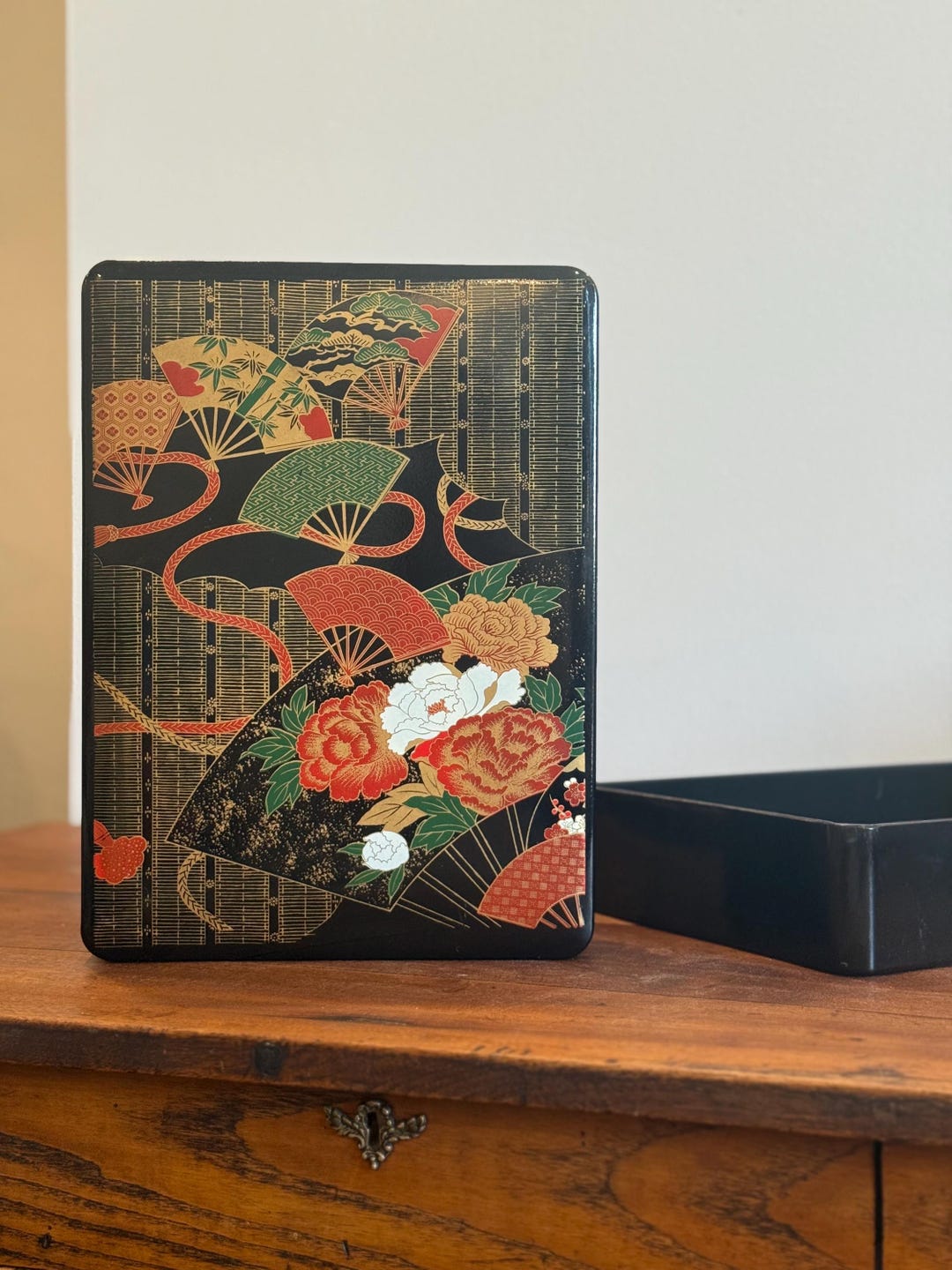 Vintage Japanese Lacquerware Box With Painted Lid Oriental Style Peony ...