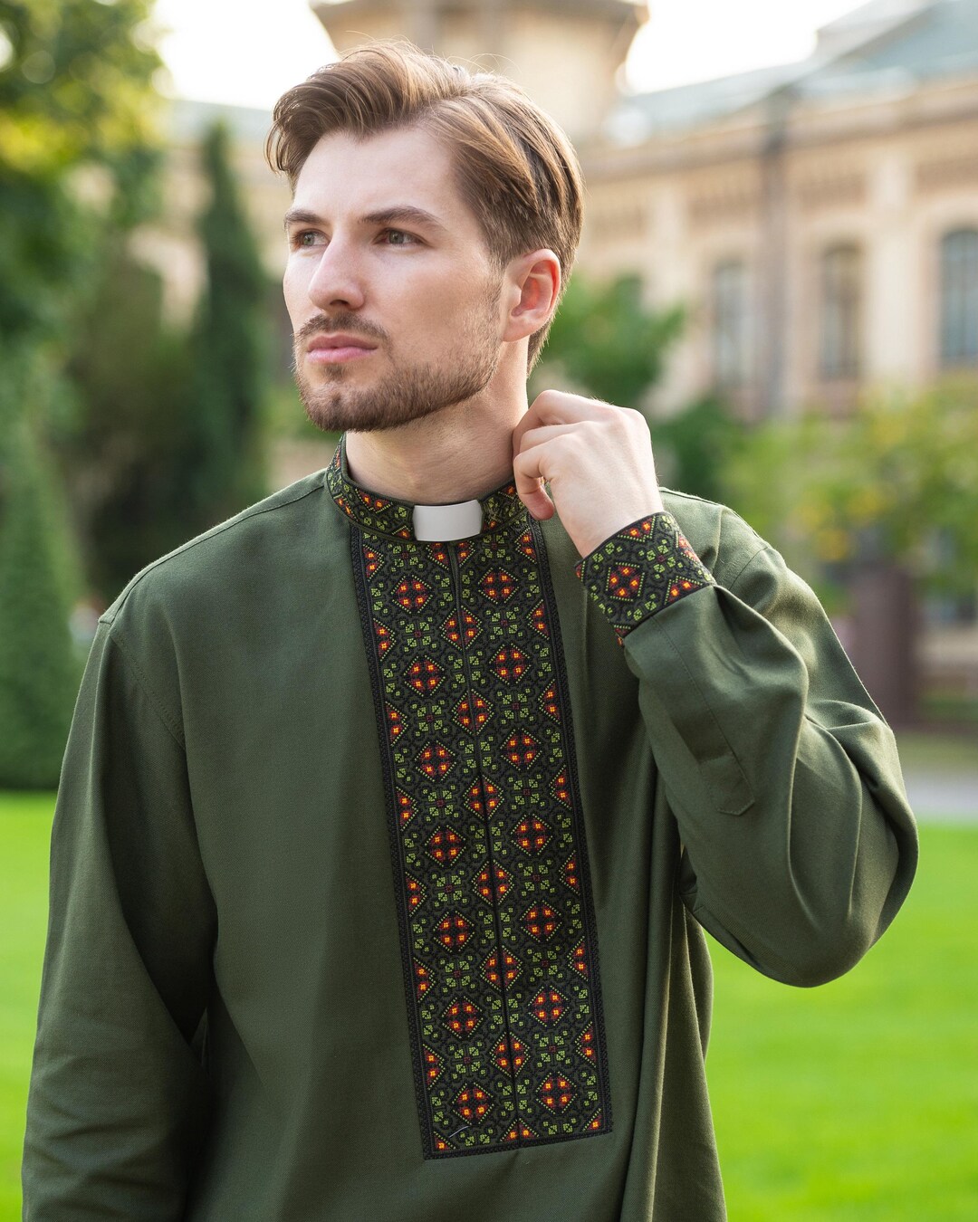 Khaki Shirt With White Collar, Full Embroidered Clergy Shirt ...