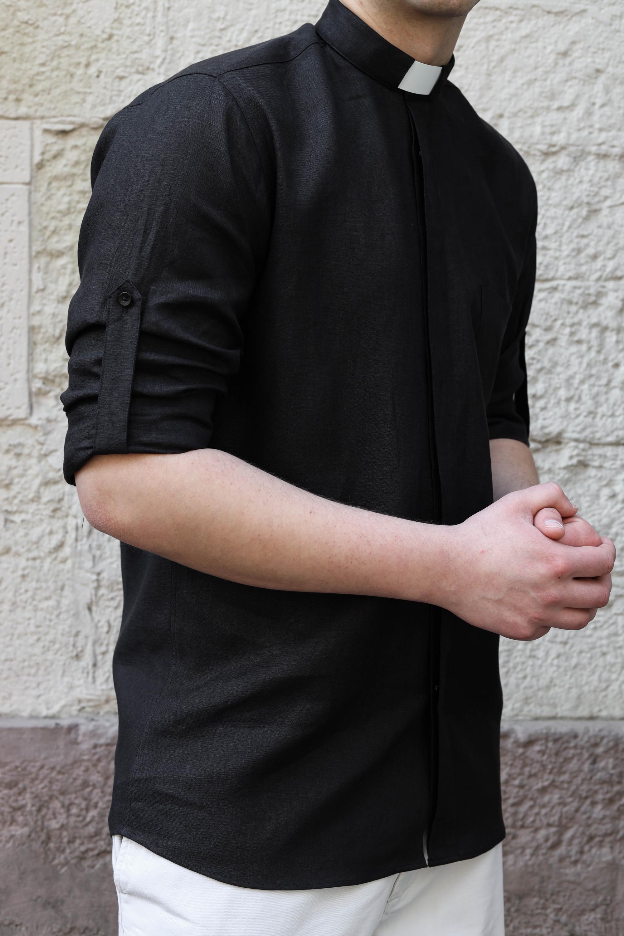 Black Shirt for Priest 100% Linen, Breathable Shirt With White Collar ...