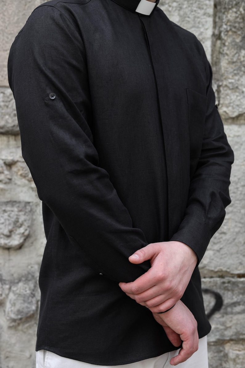 Black Shirt for Priest 100% Linen, Breathable Shirt With White Collar ...