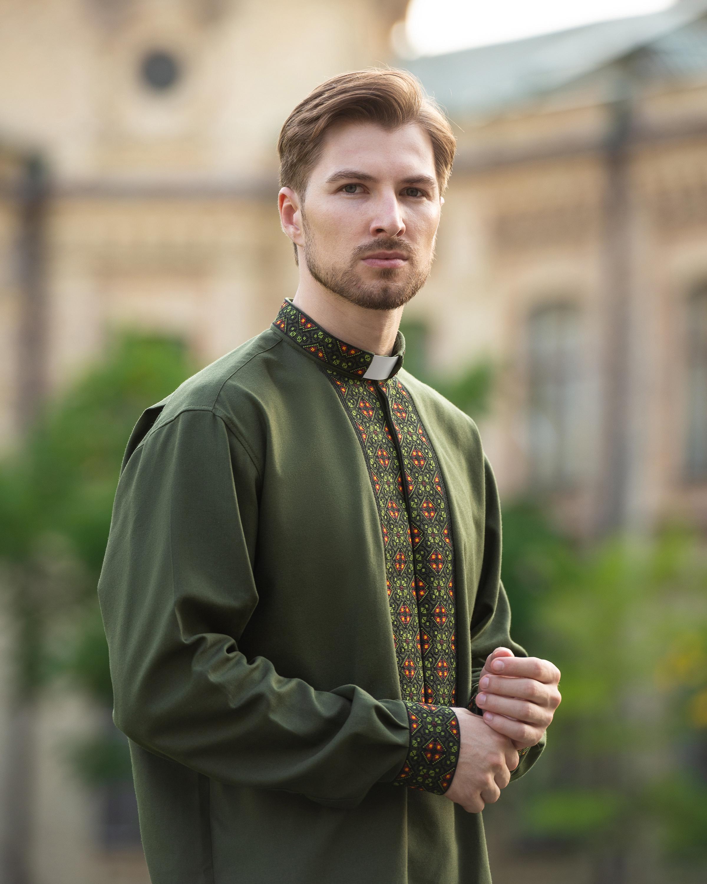Full Embroidered Clergy Shirt, Embroidered Shirt for Priest, Khaki ...