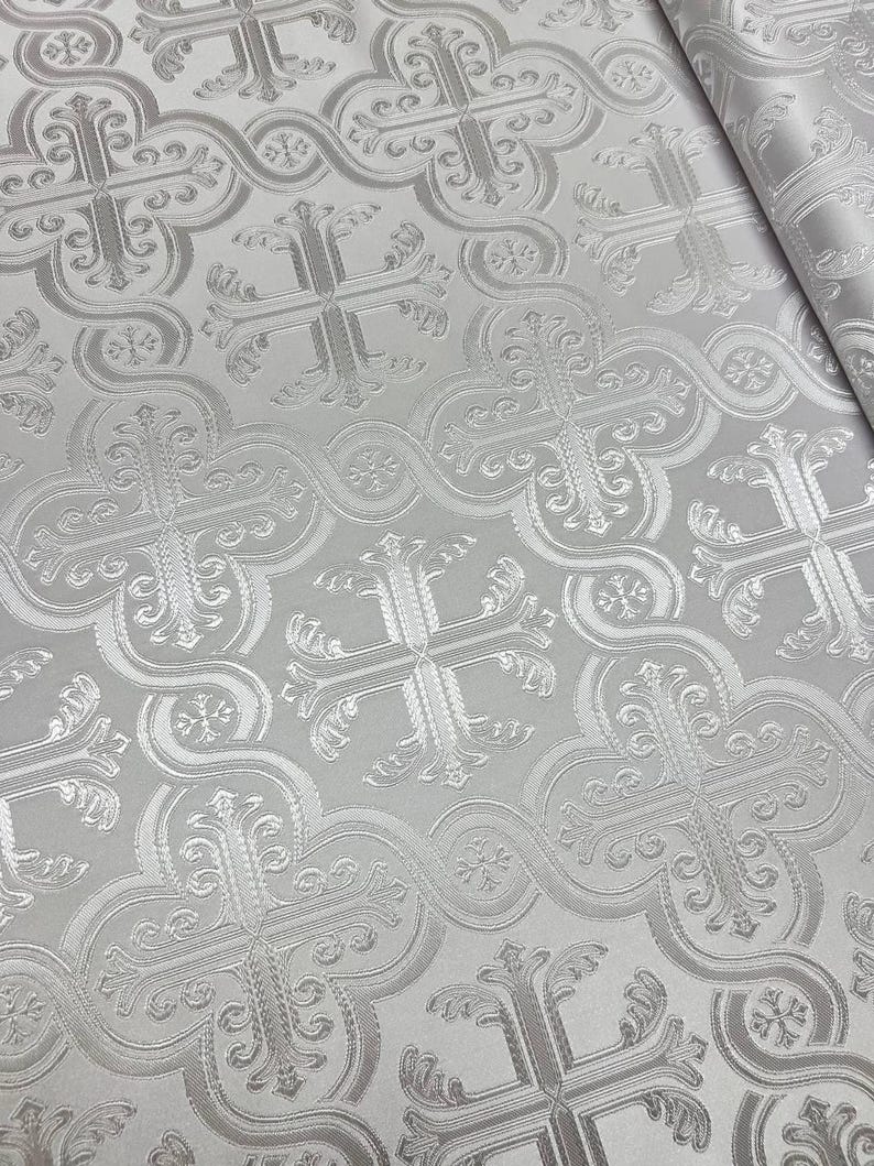 Church Brocade, Many Designs, Silver Embroidery on White Fabric ...