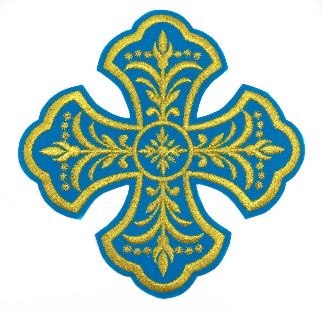 Gold and Blue Embroidered Christian Cross Patch for Liturgical Fabric ...
