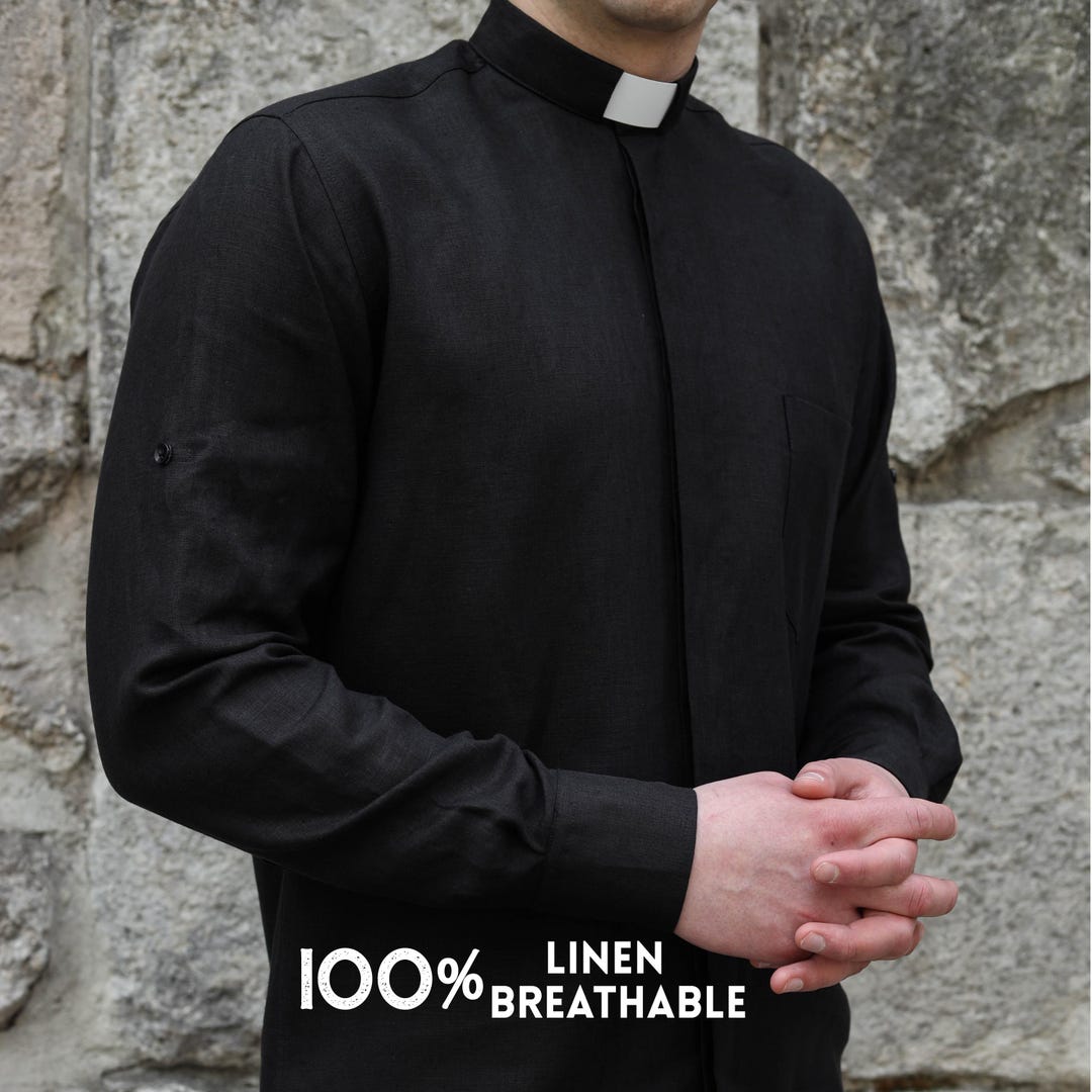 Black Shirt for Priest 100% Linen, Breathable Shirt With White Collar ...