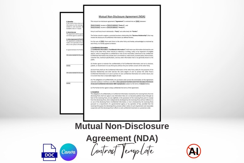 Editable Mutual Non-disclosure Agreement (NDA) Contract Template - Etsy