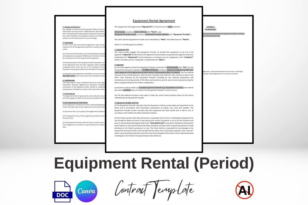 Editable Equipment Rental (period) Contract Template - Etsy