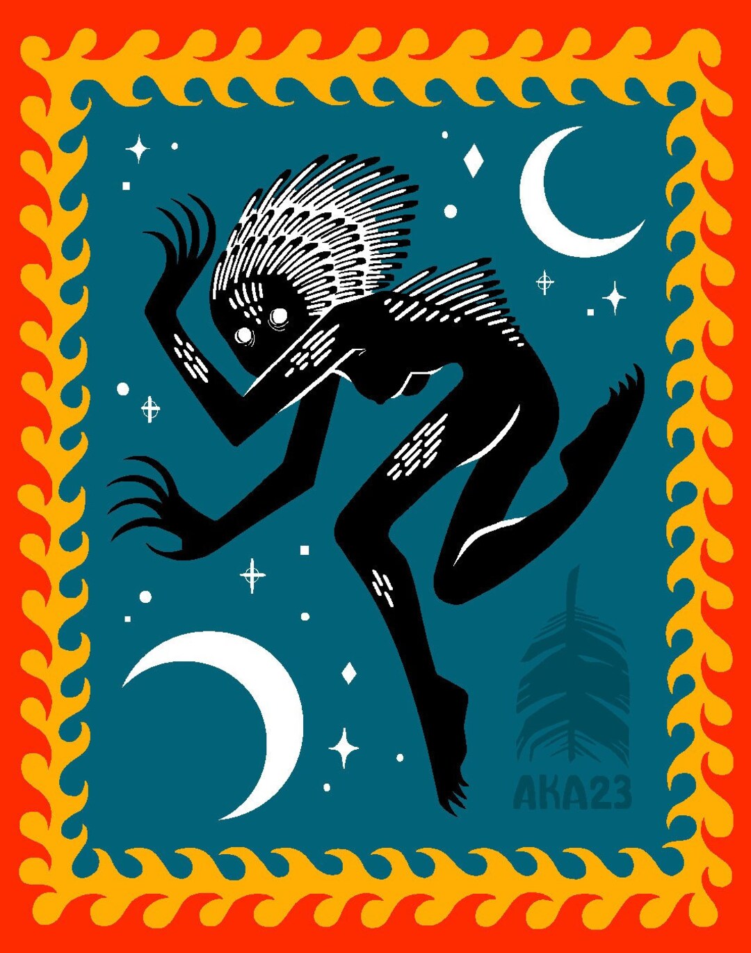 Pinfeathers - Harpy Woman With Moons and Fire Glossy Digital Art Print ...