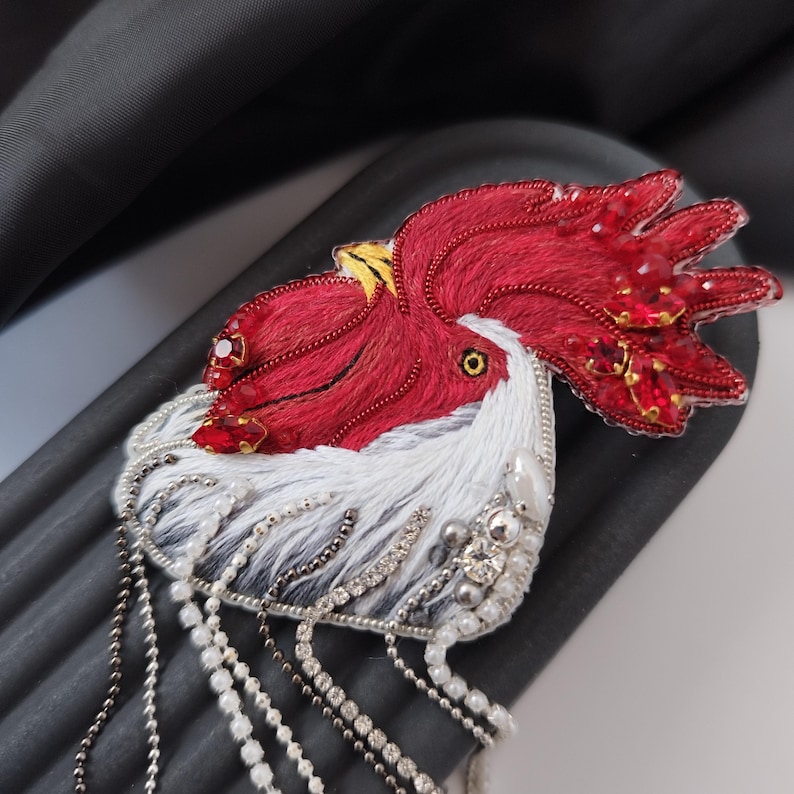 Rooster Handmade Designer Brooch, Embroidered White Rooster Brooch ...