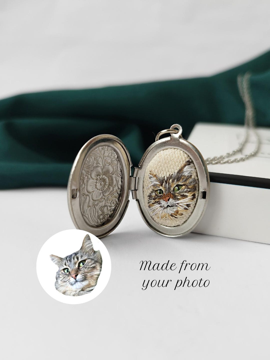 Embroidered Locket Cat Photo, Handcrafted Dog Portrait Necklace ...