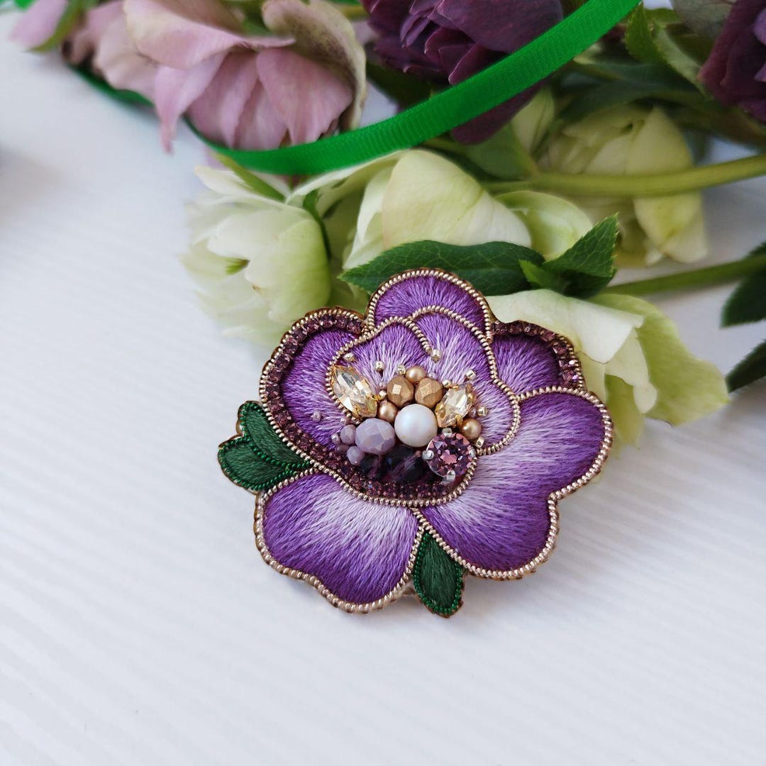 Embroidered Peony Flower Brooch, Purple Flower Transformer, Designer ...