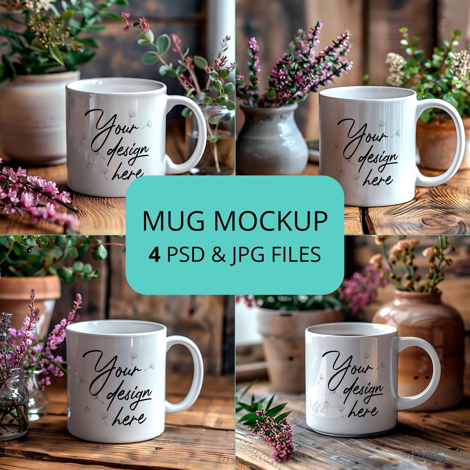 4 Blank Mug Mockup Pack, PSD an JPEG Files, Smart Object Layers, White ...
