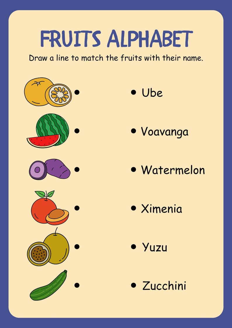 Colorful Fruits Alphabet Worksheet - Etsy