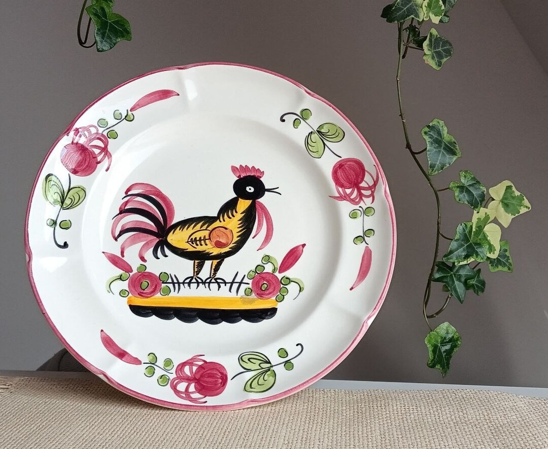 Vintage Rooster Plate, Hand Painted, Antique French Ceramic Plate 1950 ...