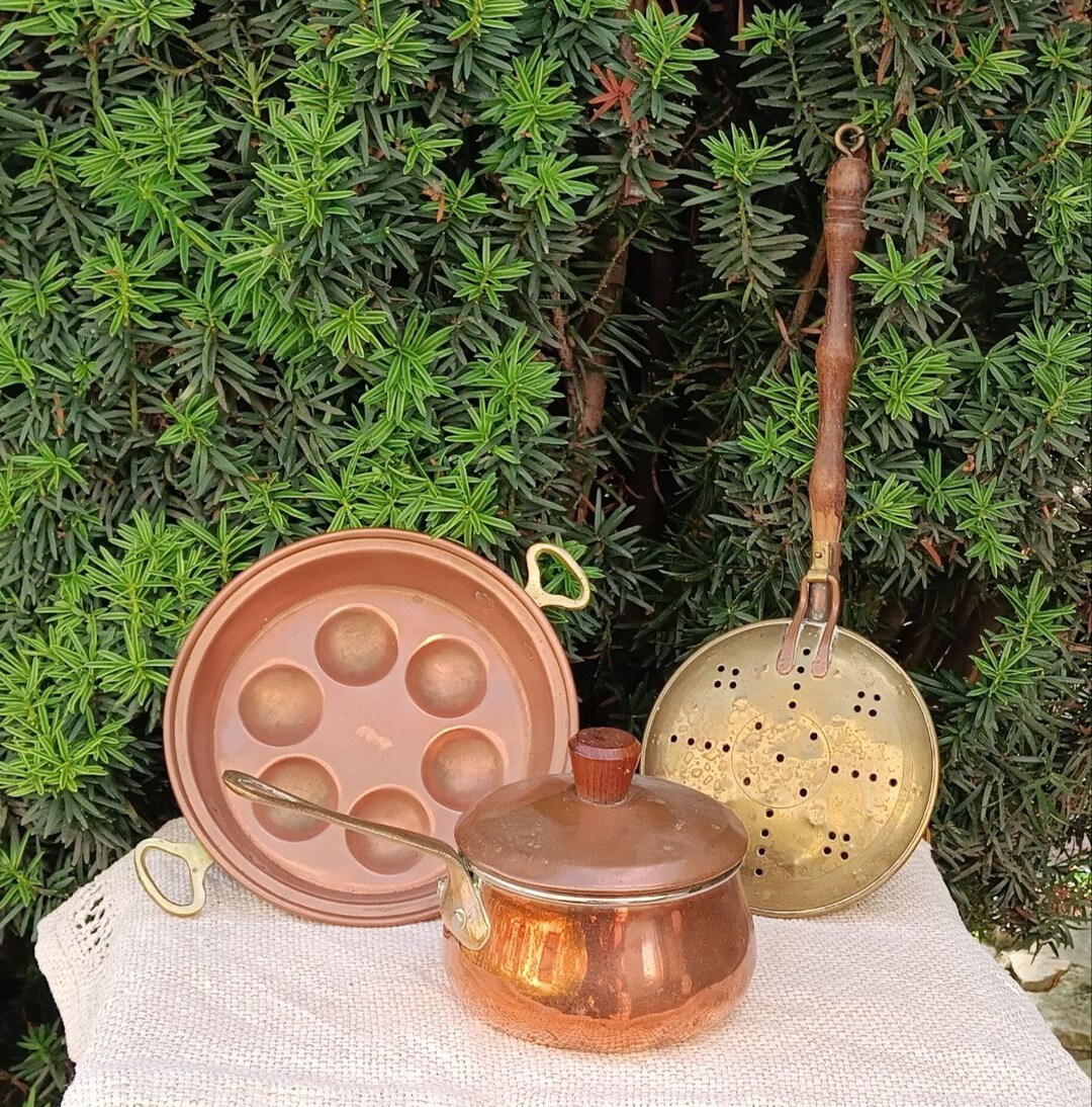 Vintage Copper Cookware Set of 3, Antique Cooking Pots, Copper Pan for ...