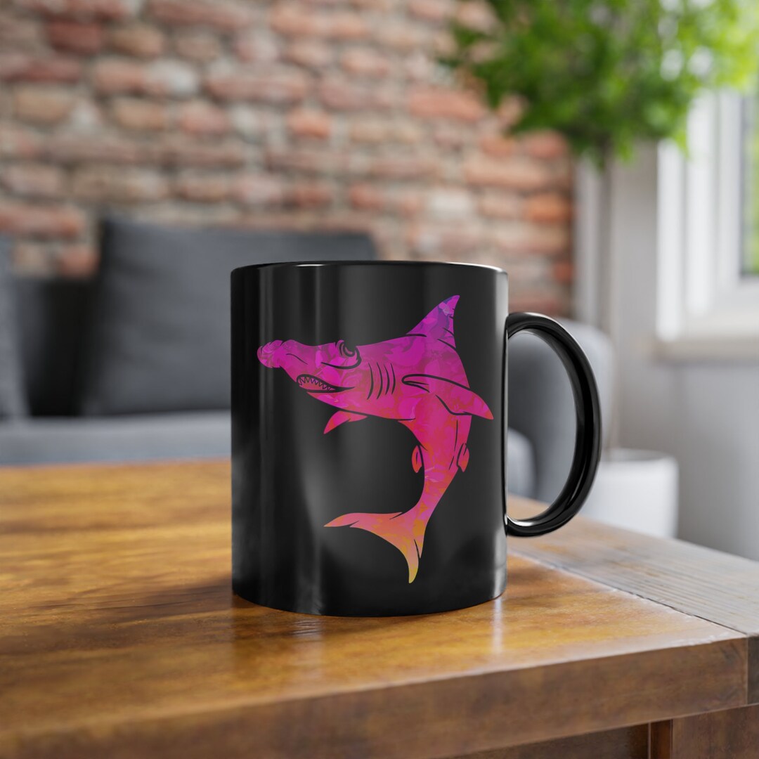 Synthwave Hammerhead Shark Black Coffee Mug Neon Ocean Predator Design ...