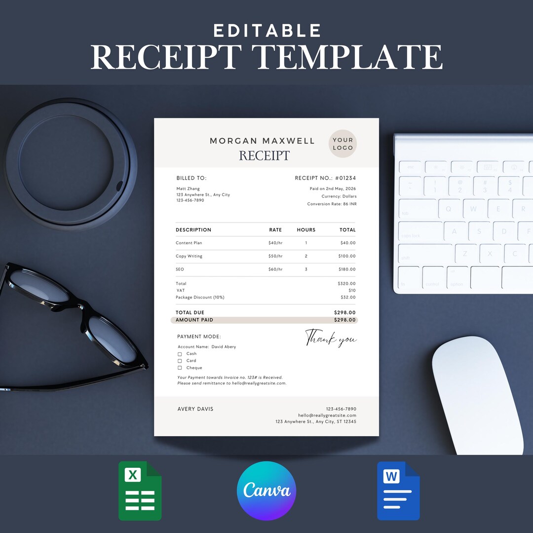 Receipt Template, Canva Editable Receipt Template Multi-currency Export ...