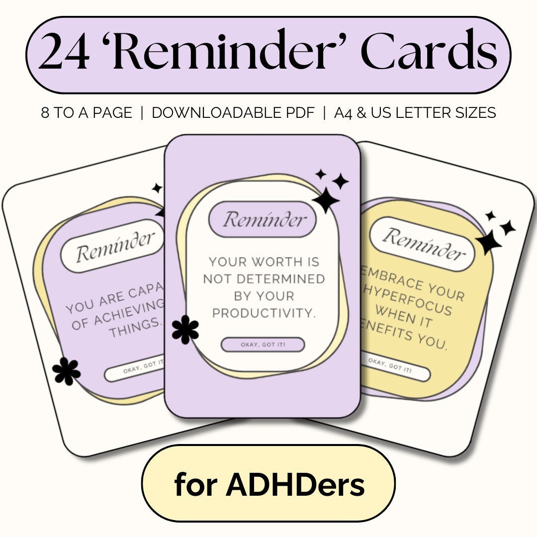 24 ADHD 'reminder' Cards | Digital Download | Printable | Self-worth ...