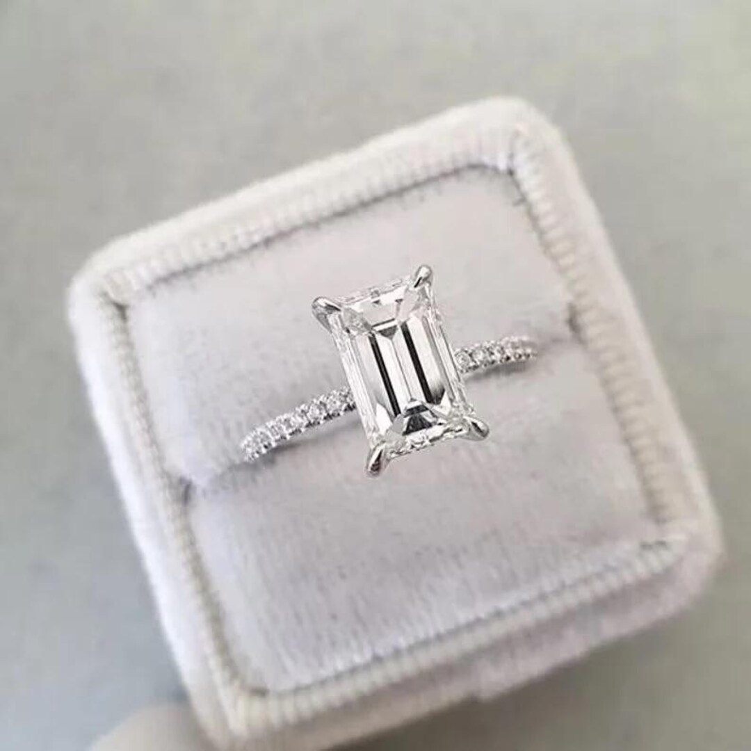 2.00 Ct Emerald Cut Moissanite Engagement Ring, Classic Pave Ring, Hidden Halo Wedding Ring ...