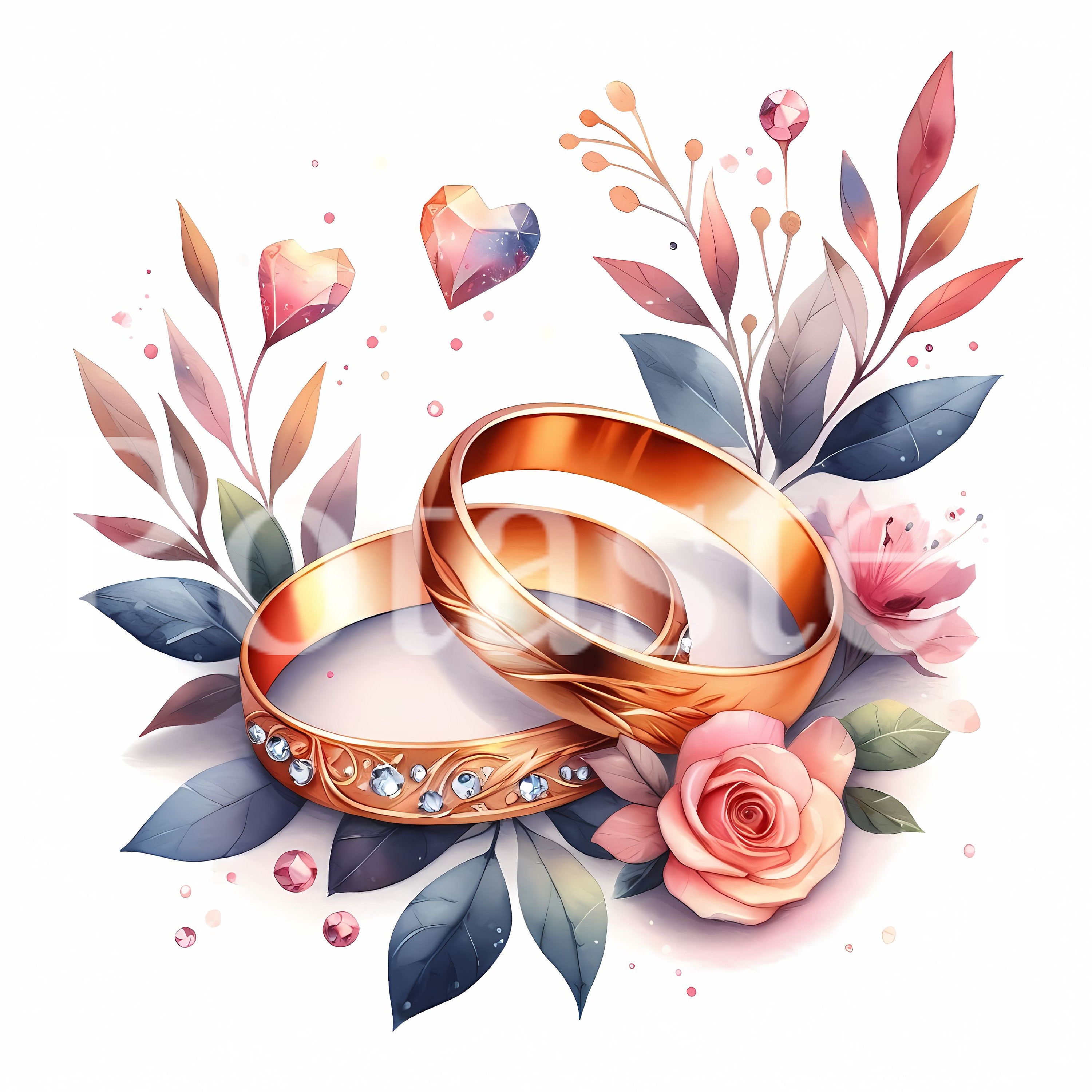 Wedding Ring Clipart: Gold & Diamond Rings, Watercolor Style (PNG ...